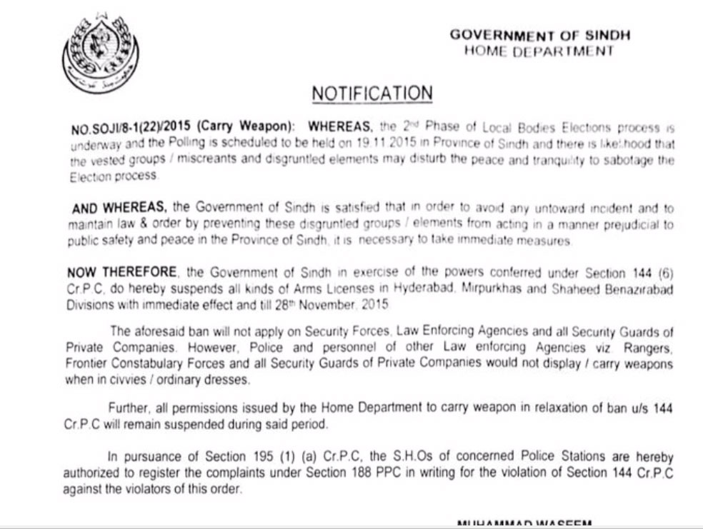 Sindh govt suspends arms licenses in 15 districts ahead of second phase ...